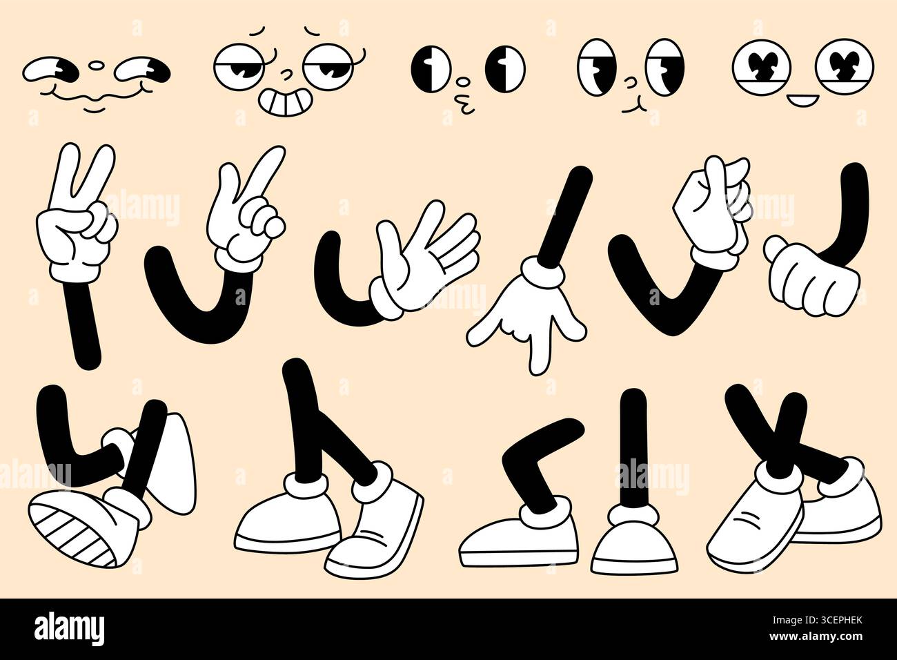 Cartoon groovy collection of legs with sneakers and retro rubber hose ...