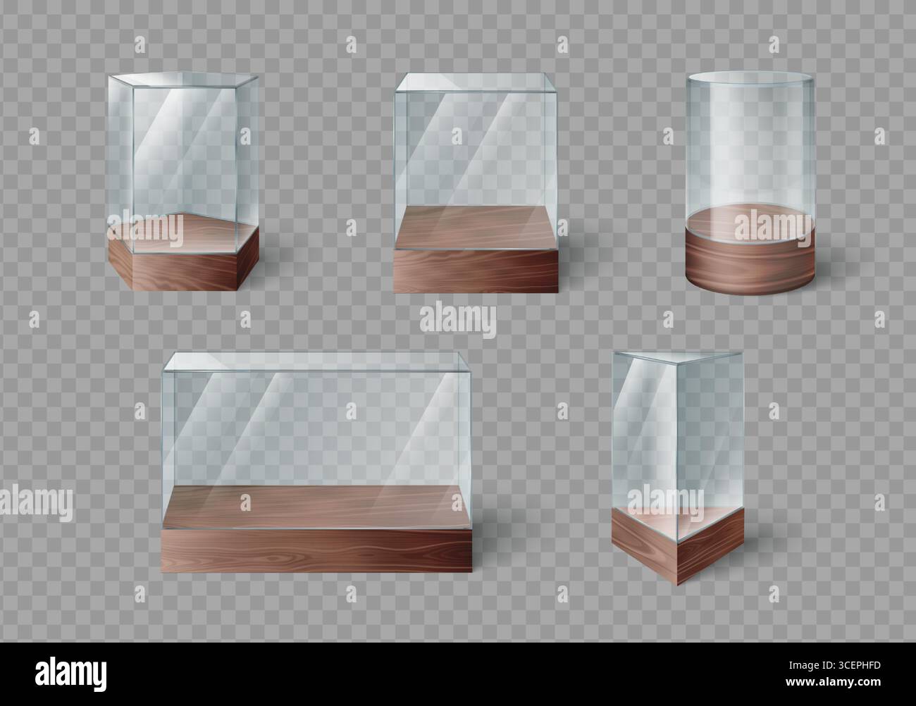 Glass box museum showcases with wooden bases, transparent display cases ...