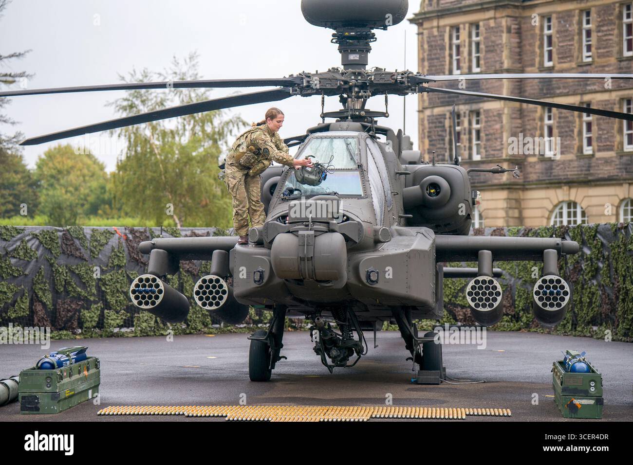 An Apache 64E helicopter on display during British Army Expo 2025 at Redford Cavalry Barracks in ...
