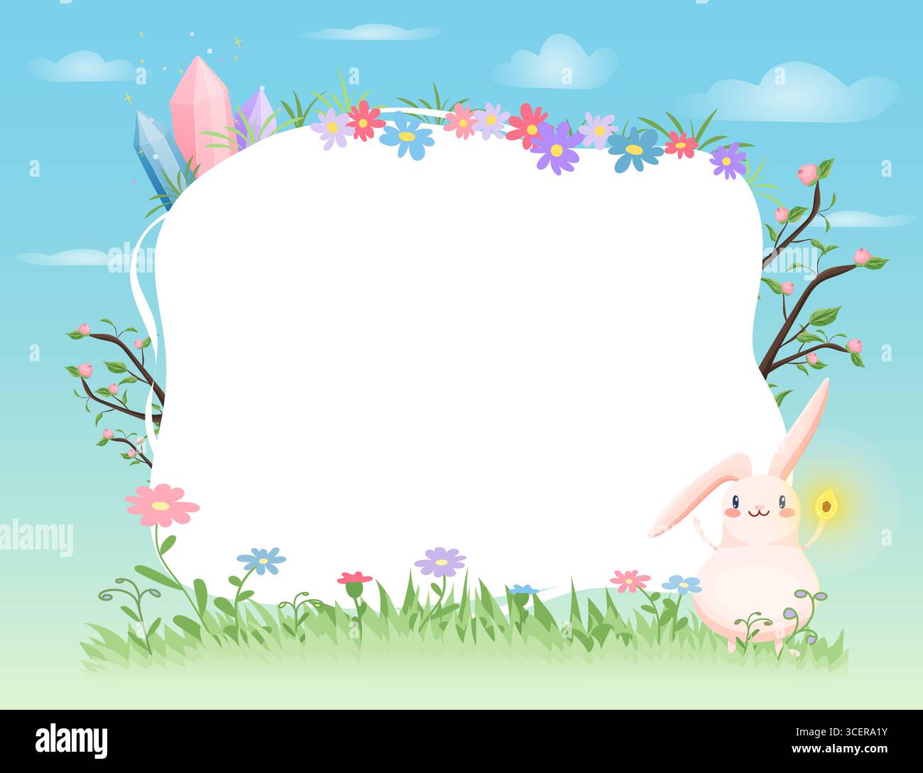 Vector frame with pink bunny and crystals over grass Stock Vector Image ...