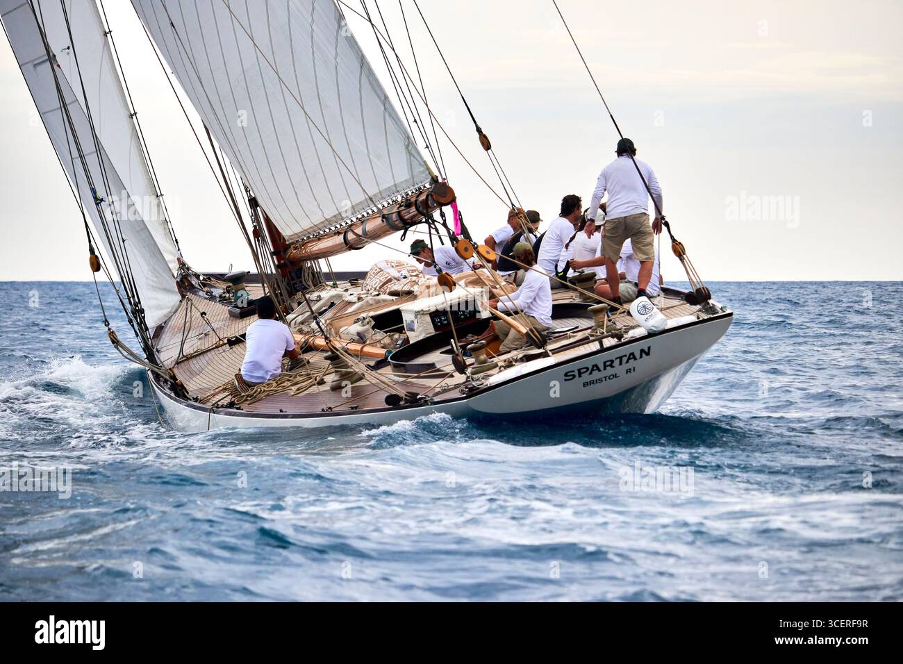 Classic Sailing Yacht Spartan on Open Sea With Crew Enjoying Sailing ...