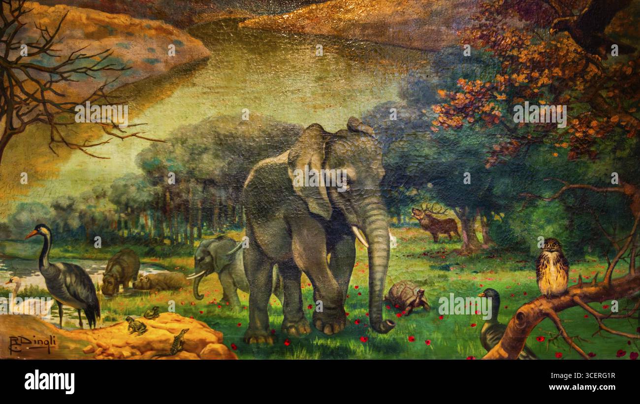 Painting with dwarf elephant, Ghar Dalam Museum with finds of bones and ...