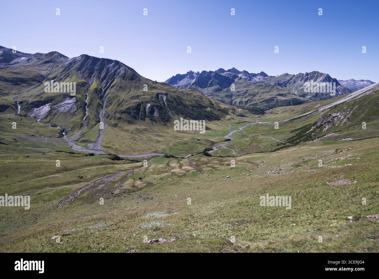 Wide valley with a small river in the middle of green meadows ...