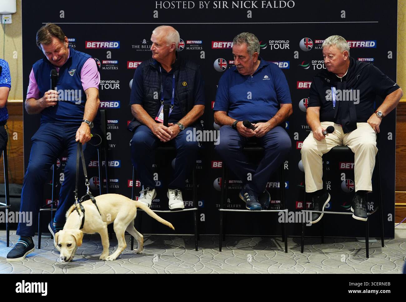 Sir Nick Faldo, Sandy Lyle, Sam Torrance and Ian Woosnam with a Dog ...