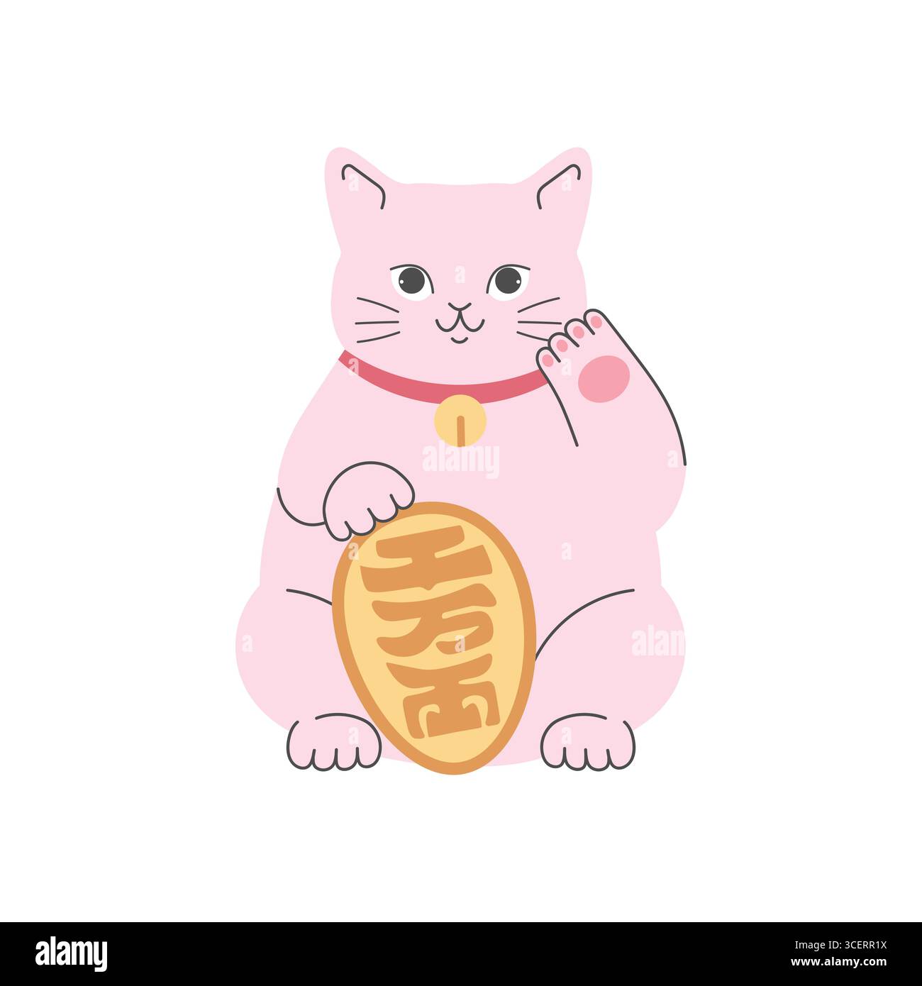 Hand drawn cute beckoning cat Maneki neko with raised paw and wealth ...