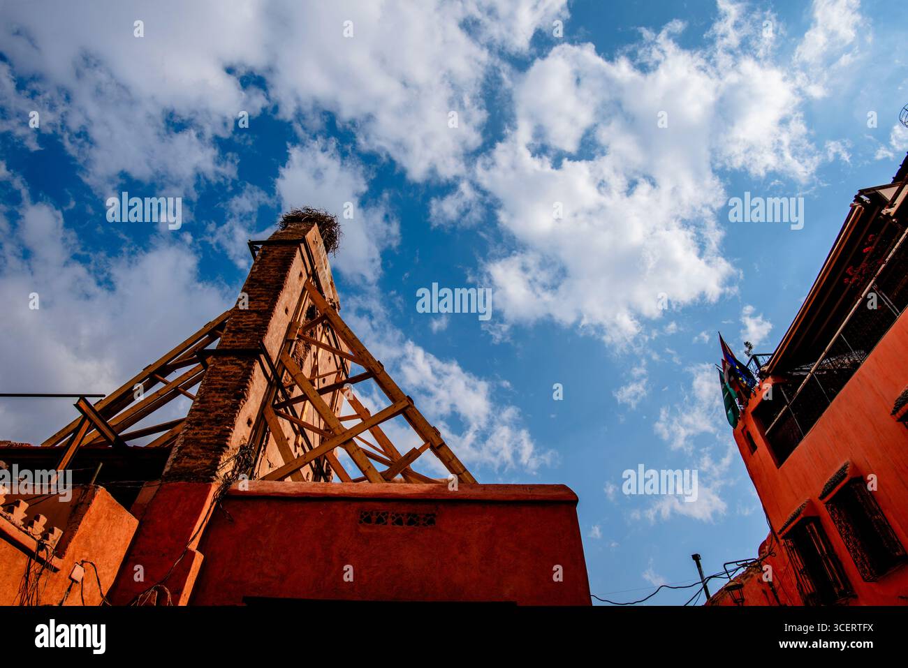 Earthquake-damaged tower in Marrakech, Morocco, reinforced with wooden ...