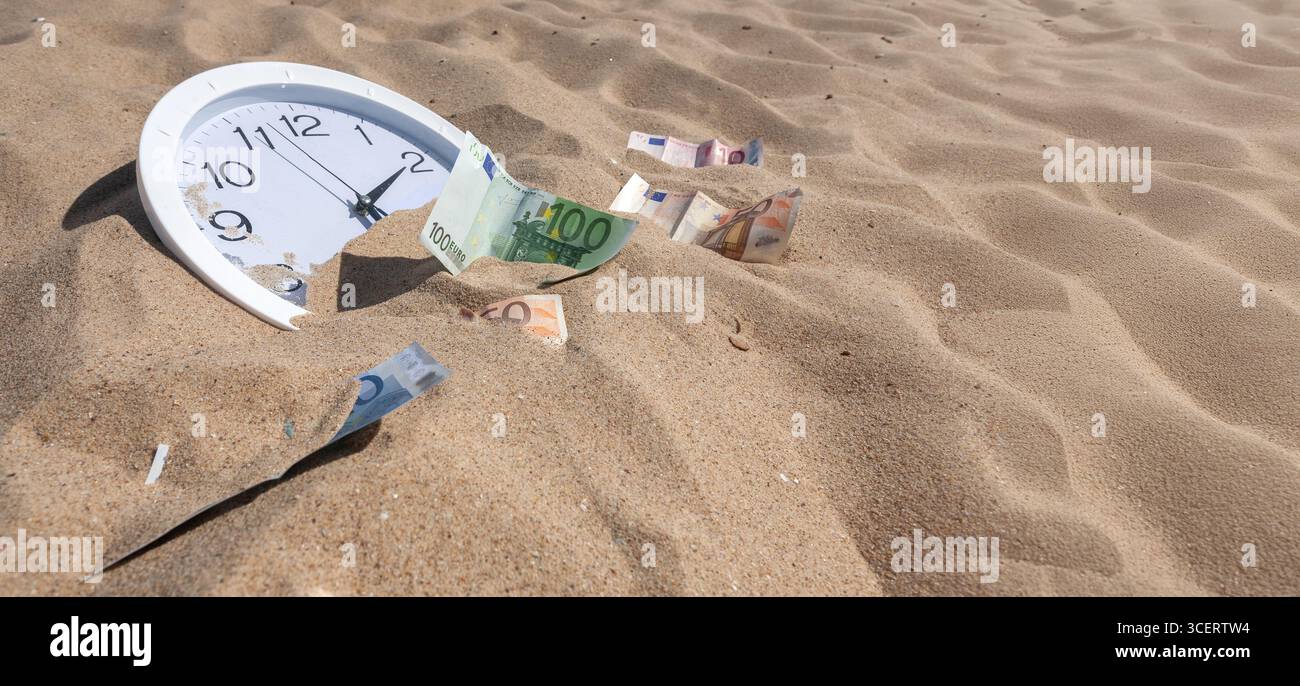 White clock and euro banknotes sinking in the sand, symbolizing the ...