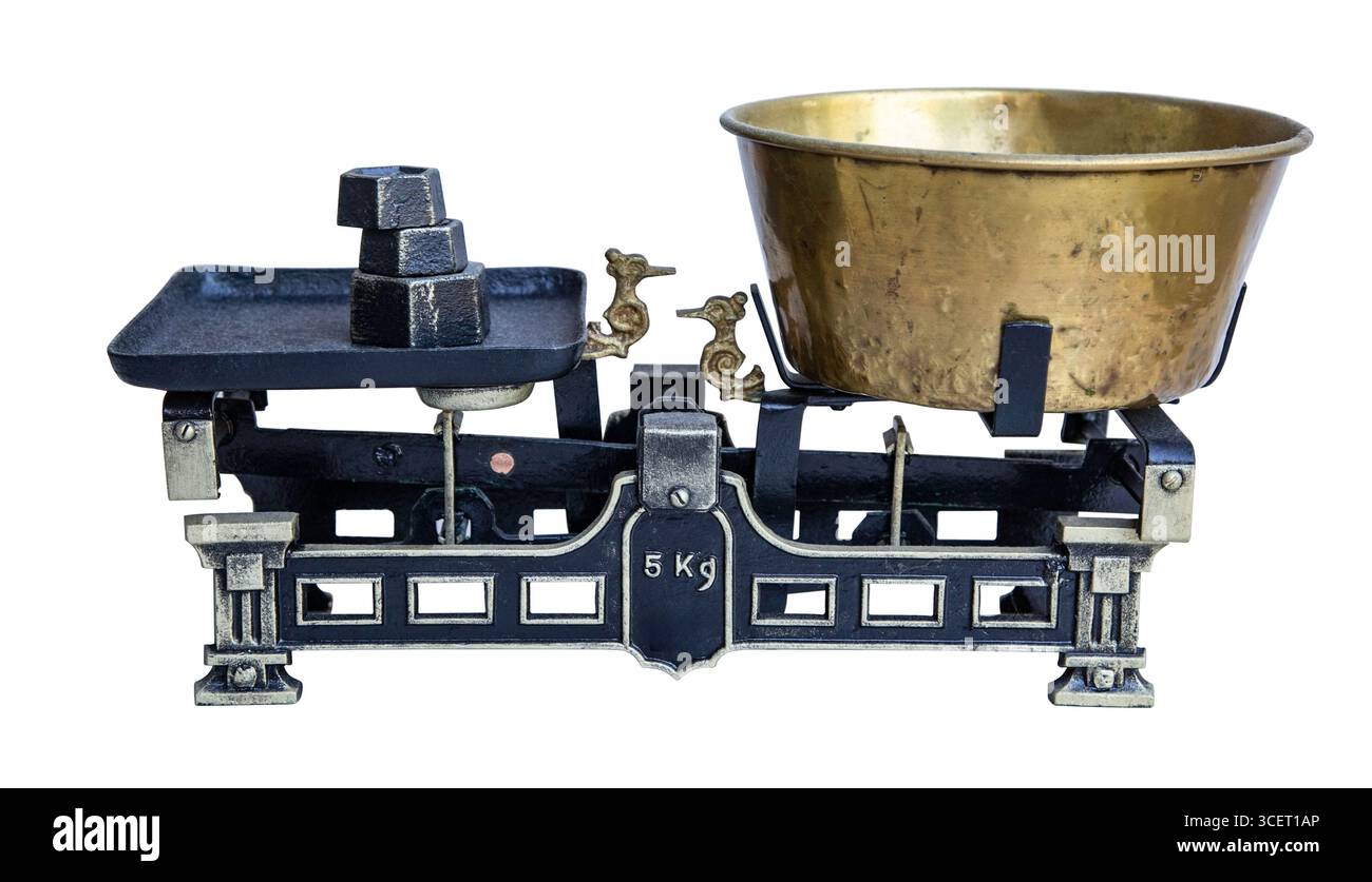 Vintage balance scale comparing weights, isolated on transparent ...