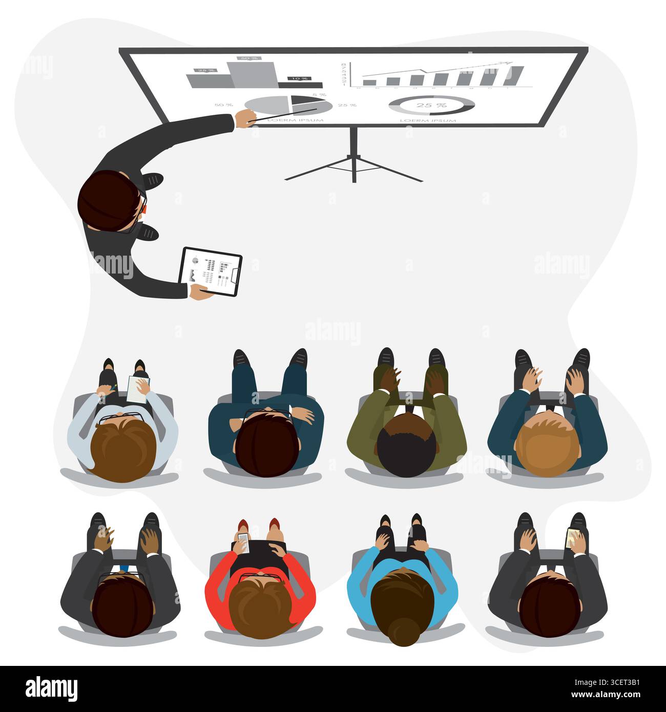 Cartoon businessman speaks at a presentation, audience is sitting. Board with signs. Top view ...