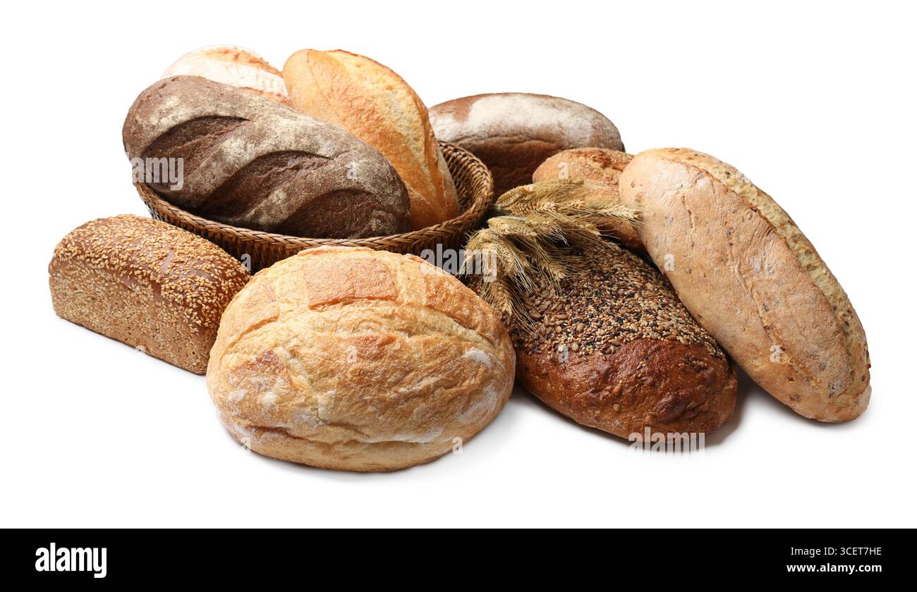 Different types of bread and wheat spikes isolated on white Stock Photo ...