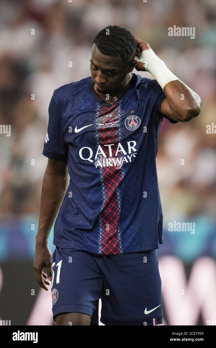 Paris's Wilian Pacho looks on during the 2025 UEFA Super Cup final ...