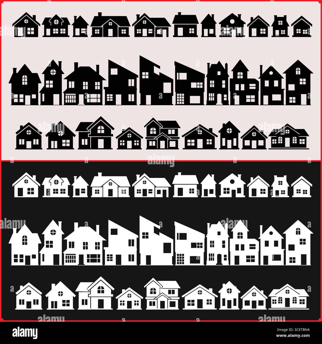 Rows of house silhouettes in black and white with varying designs and ...