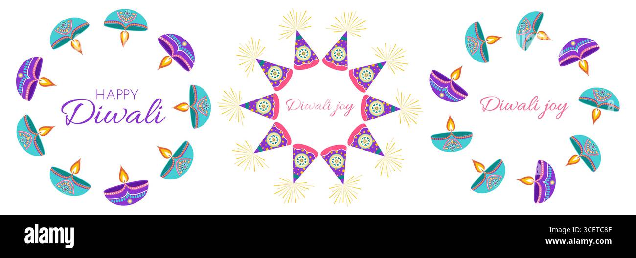 Diwali festival vector frames set including diyas and fireworks in flat ...
