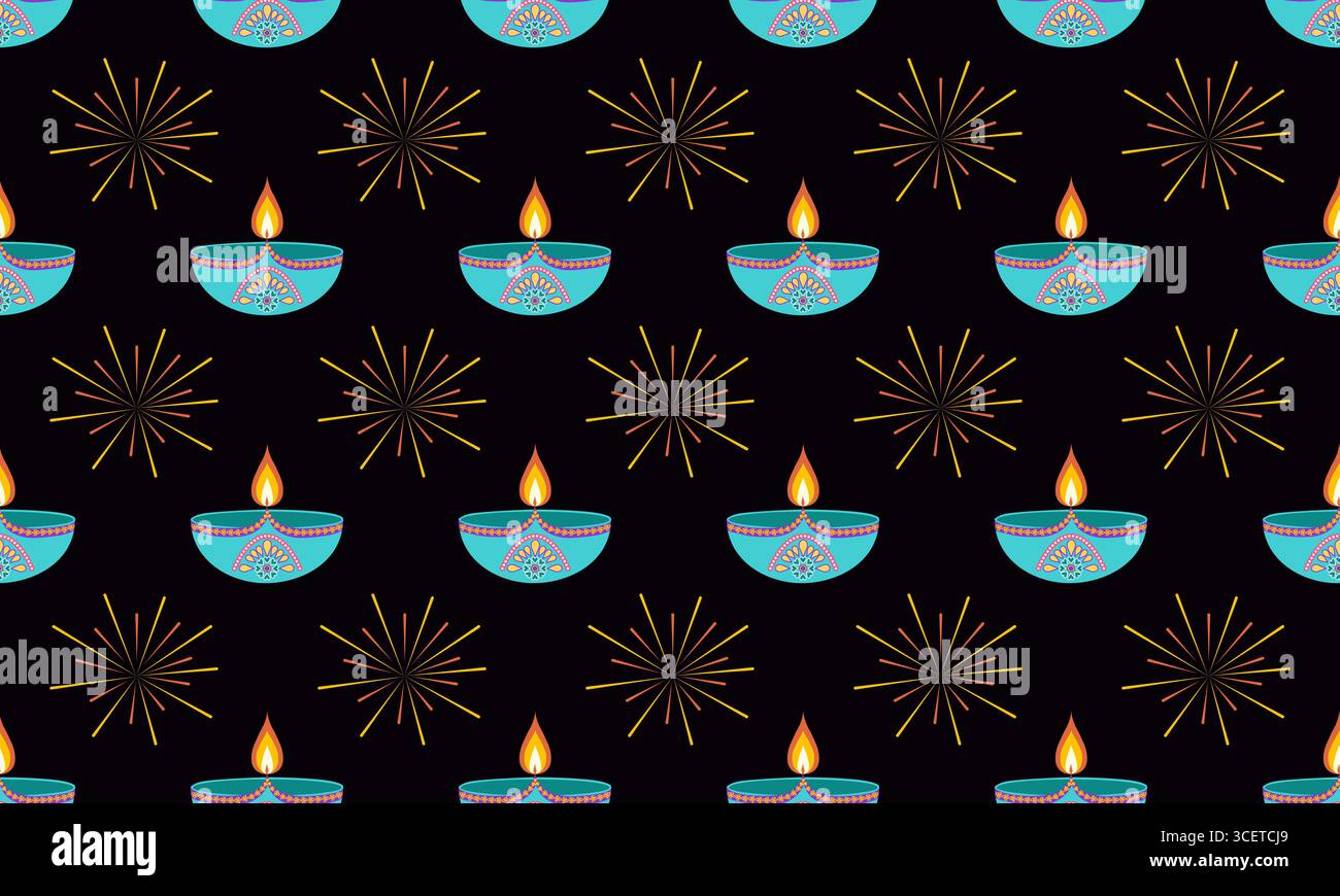 Diwali festival seamless pattern with diyas and fireworks in flat style ...