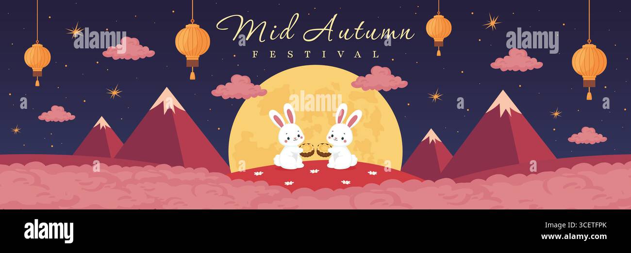 Mid Autumn Festival rabbits with moon and lanterns vector illustration ...
