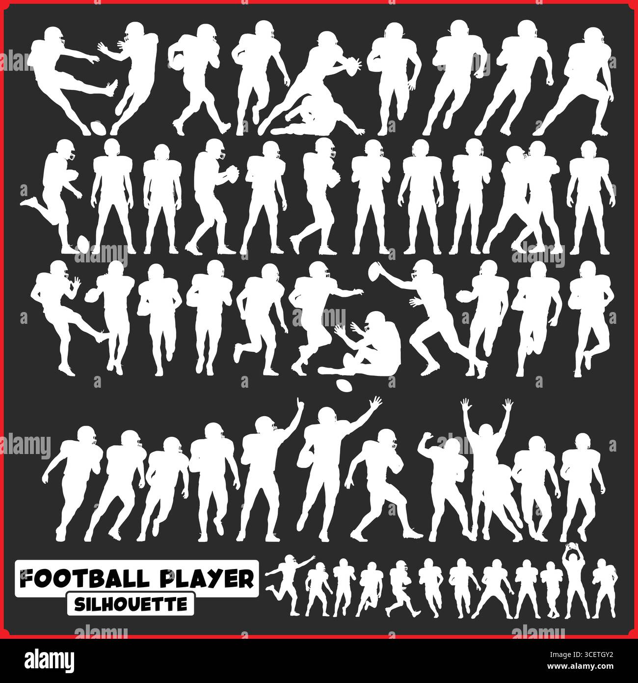 Collection of white american football player silhouettes on a black ...