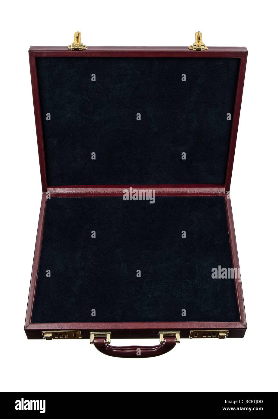 An open, empty, dark red briefcase with a black velvet interior Stock ...