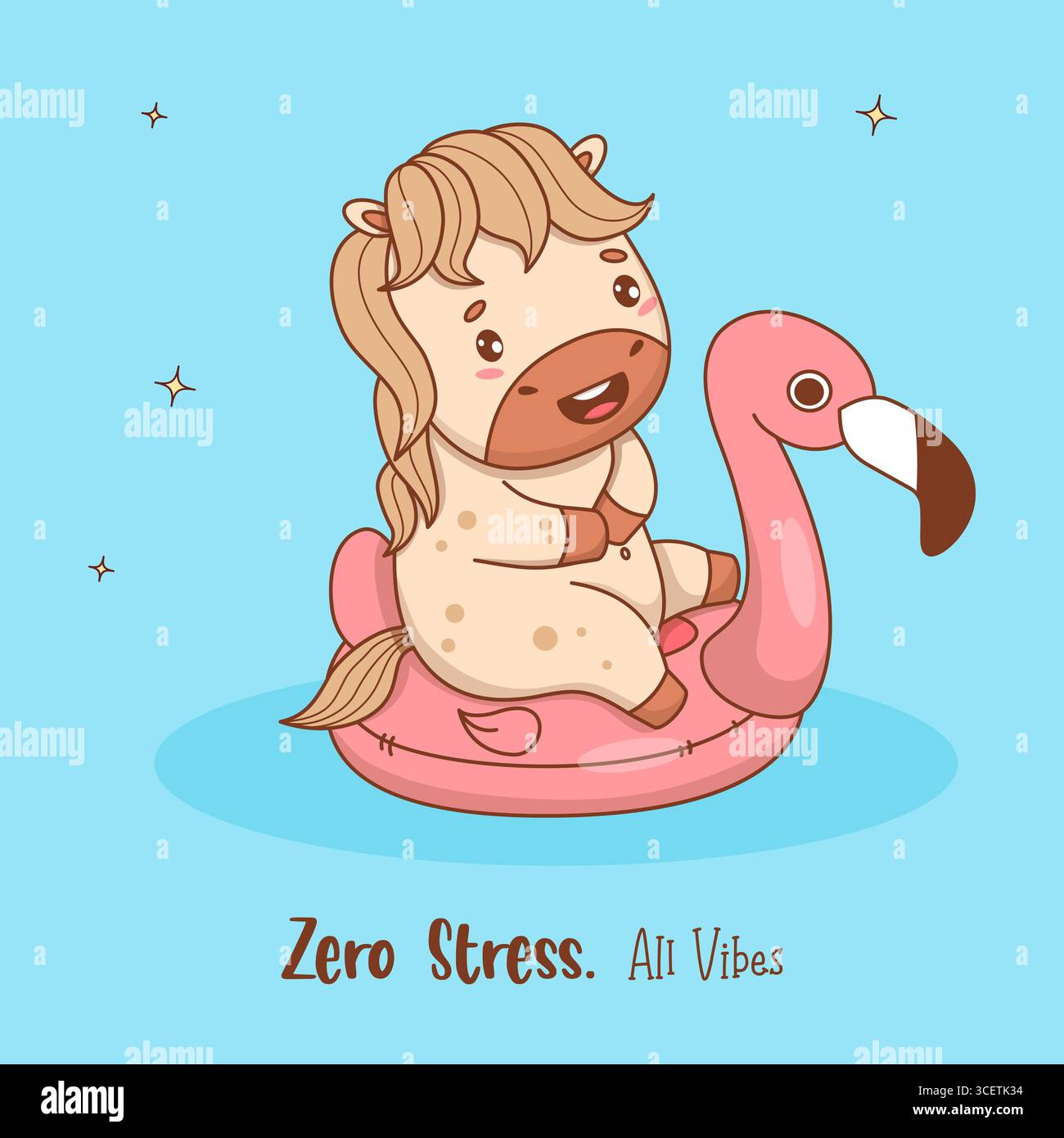 Cute summer Pony Swims on inflatable pink flamingo. Funny Little Horse ...