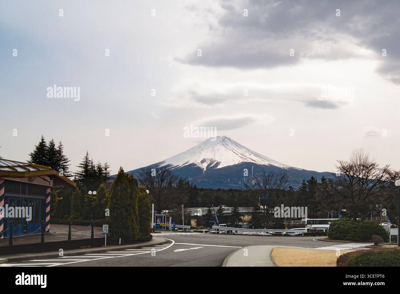 Snow covered peak of Mt. Fuji seen from Fuji-Q Highland Hotel ...