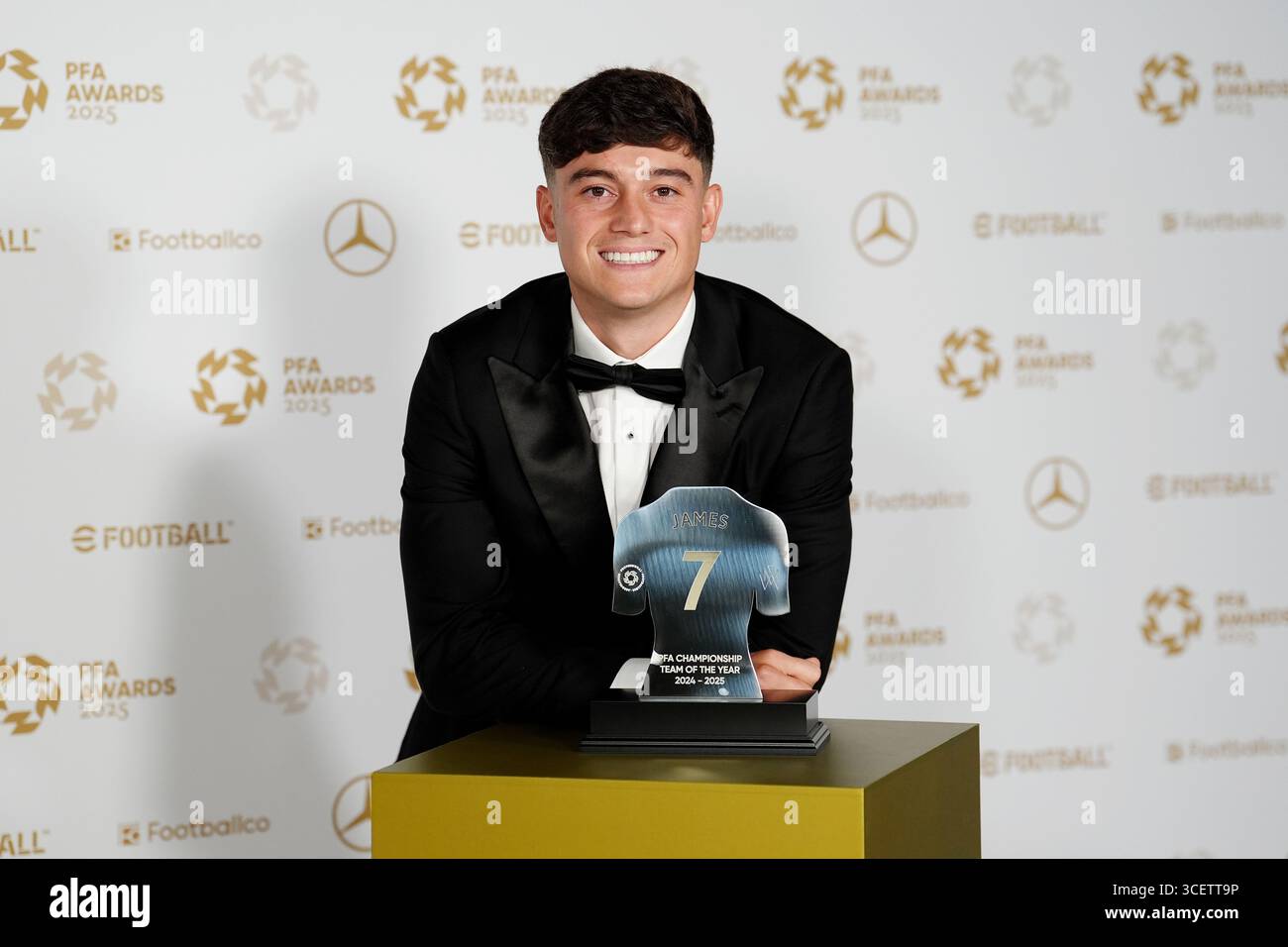 Daniel James with his PFA Championship Team Of The Year award during the PFA Awards 2025 at ...