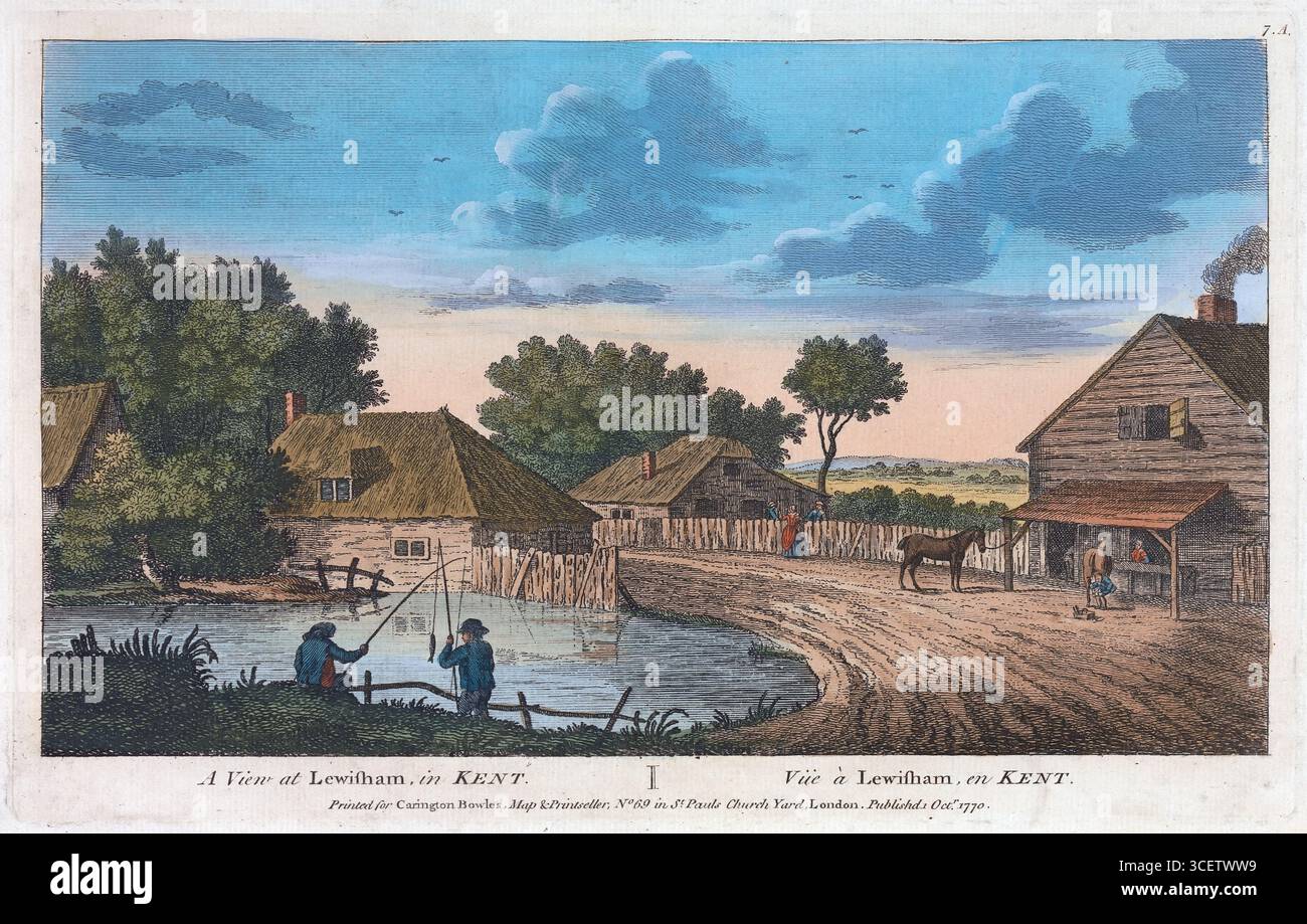 A print hand coloured engraving of a view of A view of Lewisham in Kent ...