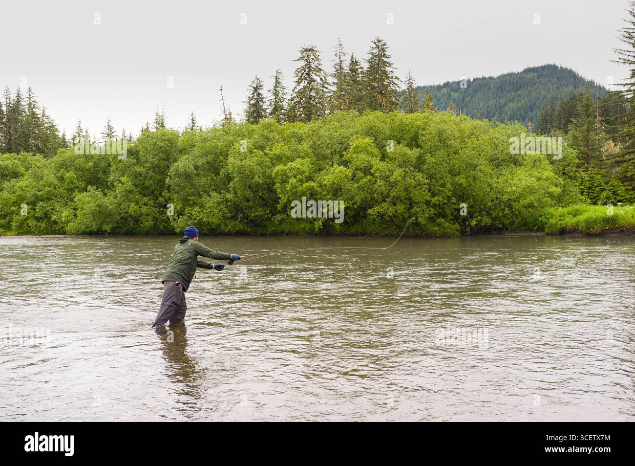 Mature Caucasian man wadding in the Salmon River fly fishing ...
