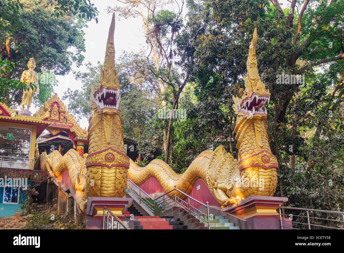 Stunning golden dragon guardians at temple entrance surrounded by lush ...