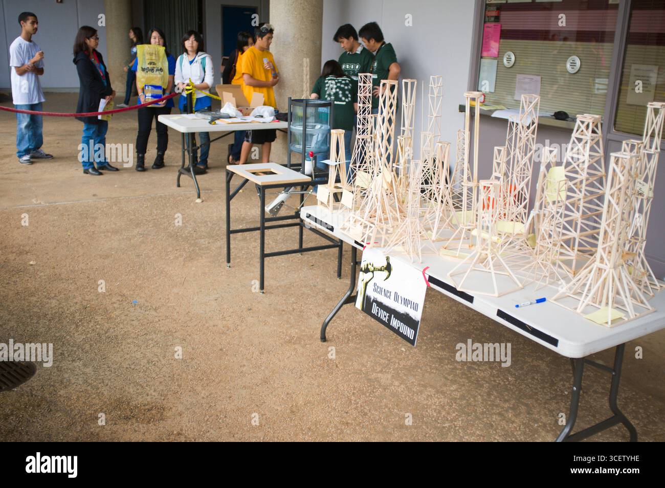 Table with student made wooden towers at the Science Olympiad, Leeward ...