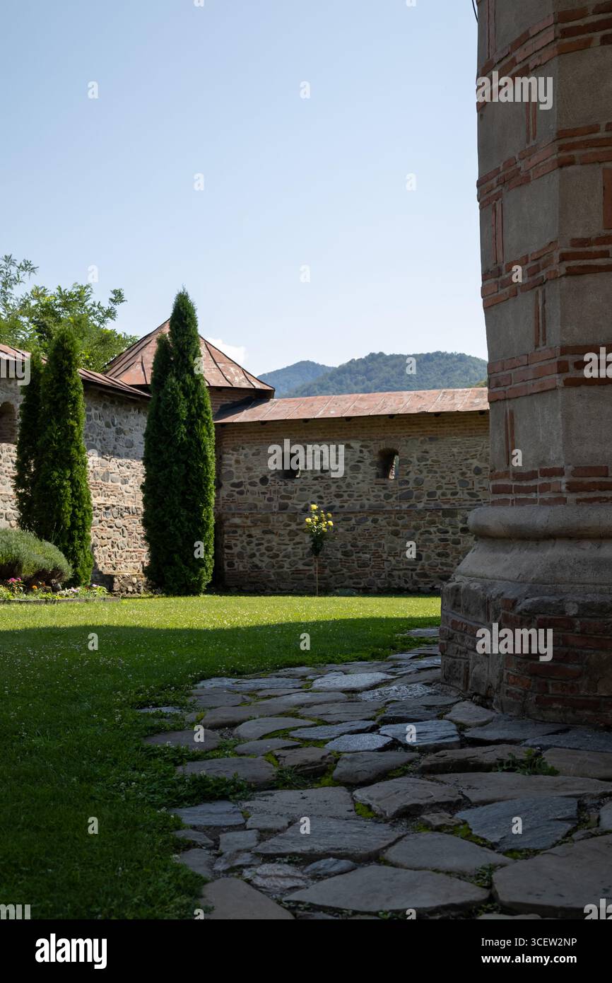 a sunlit stone courtyard with lush green grass and cypress trees ...