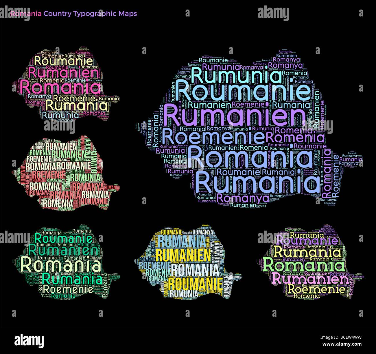 Romania. Set of typography style country illustrations. Romania map ...