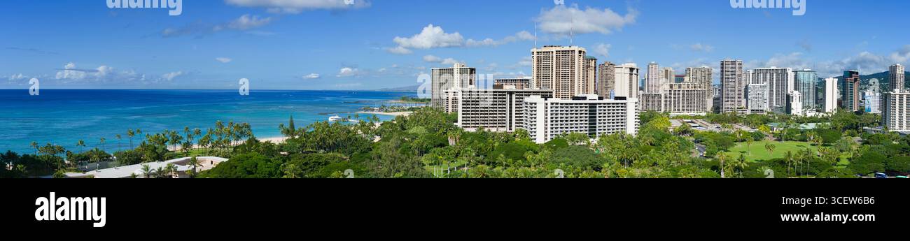 Panoramic aerial view of Fort DeRussy beach park, Waikiki, Honolulu ...