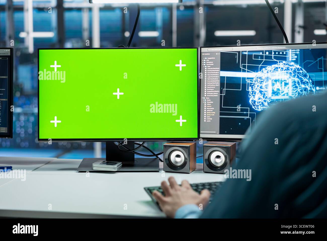 Close up of server room IT specialist using isolated screen PC, deploying deep learning ...
