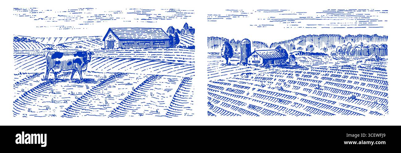 Rustic meadow hand drawn village landscape with a cow illustration with ...