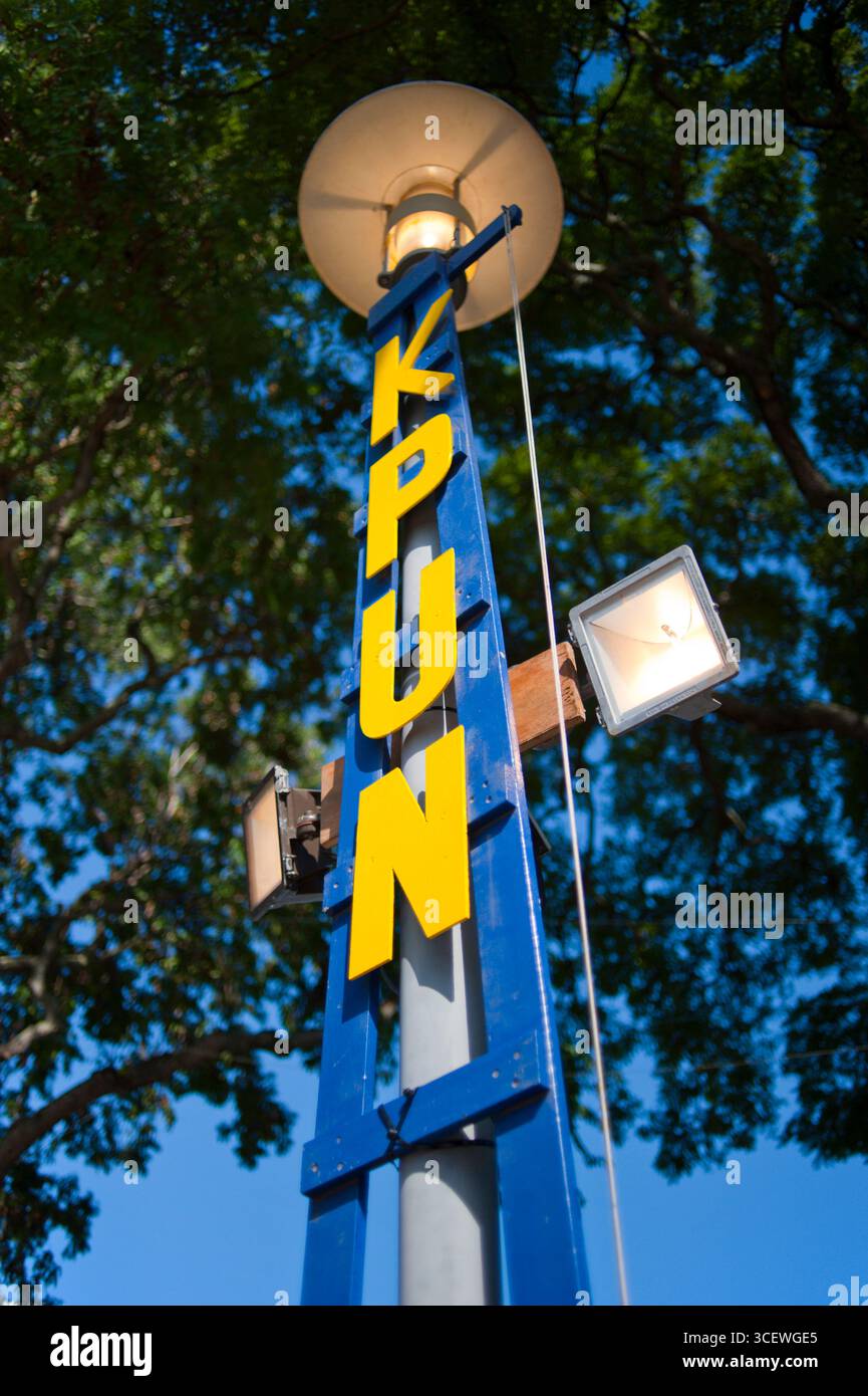 Light pole with wooden sign at the 2010 Punahou Carnival, Honolulu ...