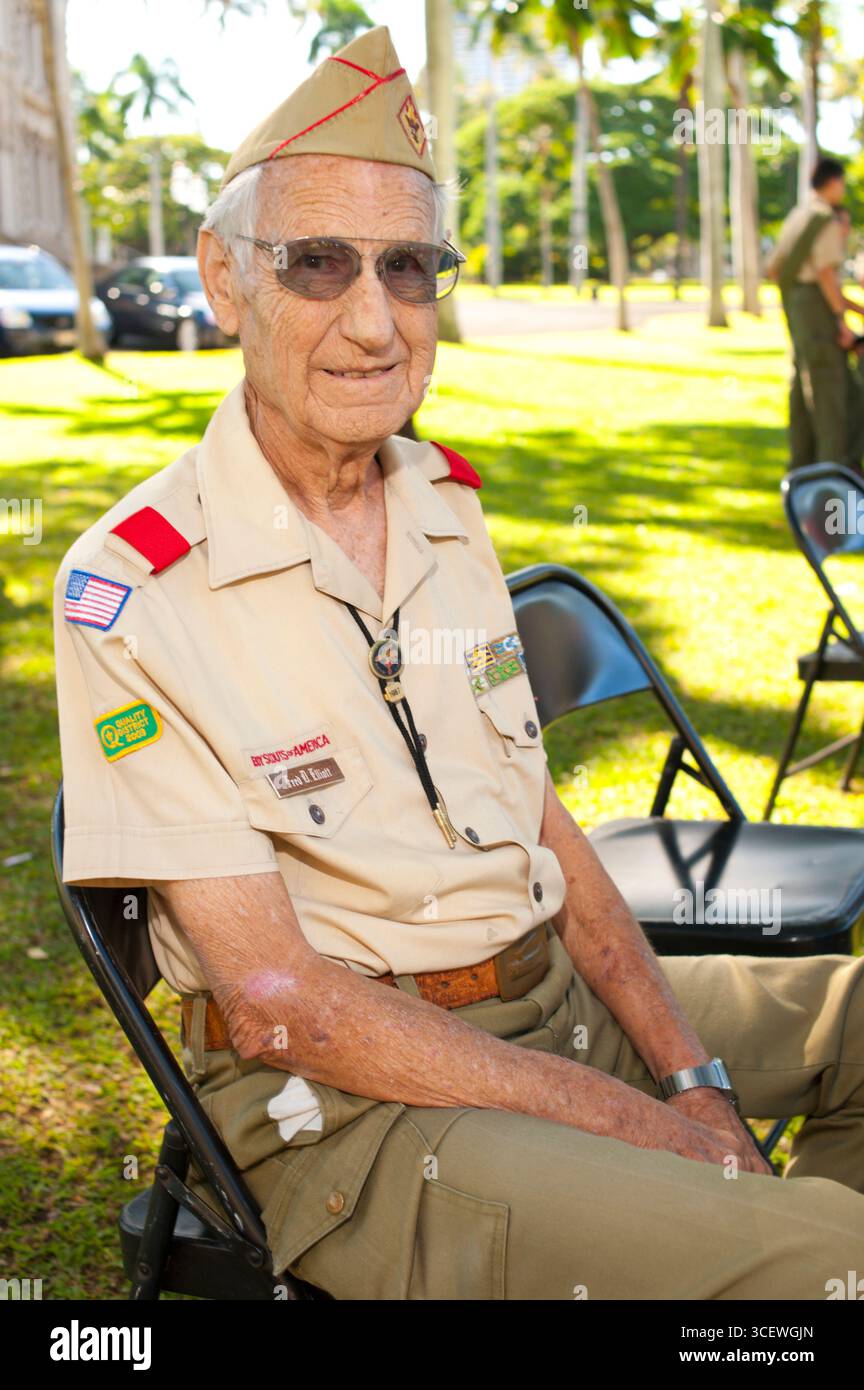 Elderly man in a Boy Scout Uniform at the 100 year anniversary for the ...