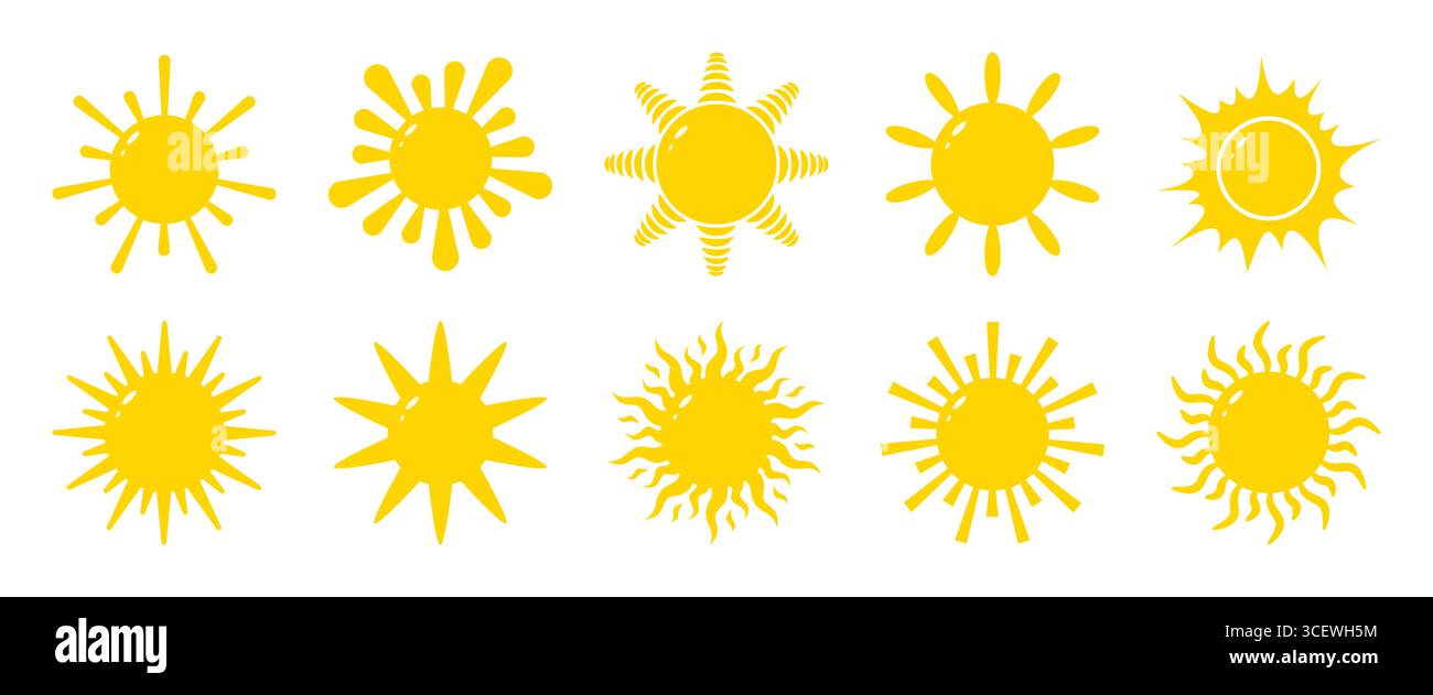 Yellow suns vector set with various form sunbeam. Sunlight sign in flat ...