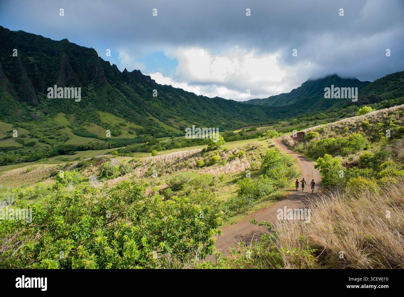 Two men and a boy walking on dirt road in Kaaawa valley, Oahu, Hawaii ...