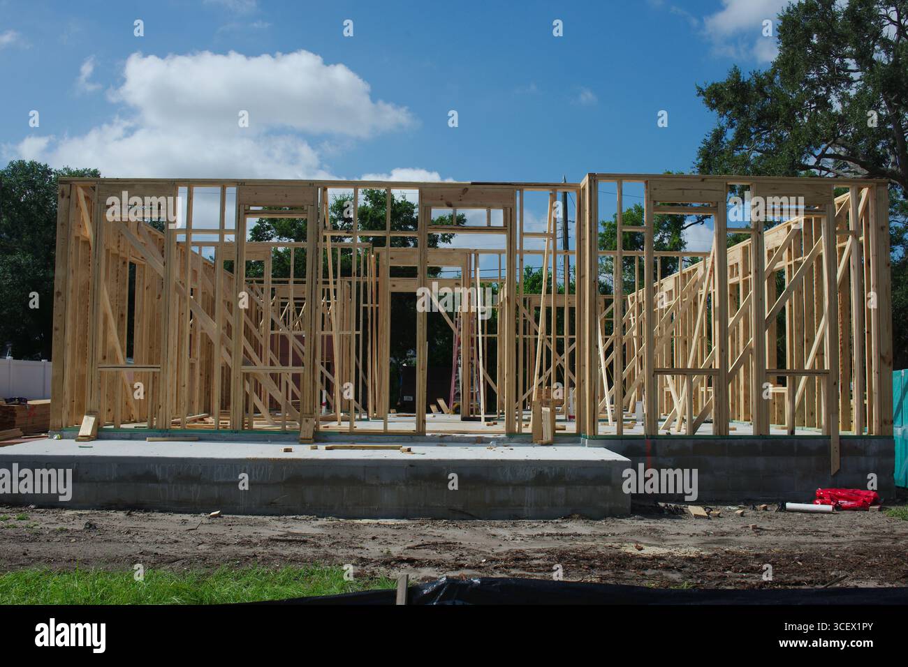 Wooden Framework of New Residential Construction on Concrete Foundation ...