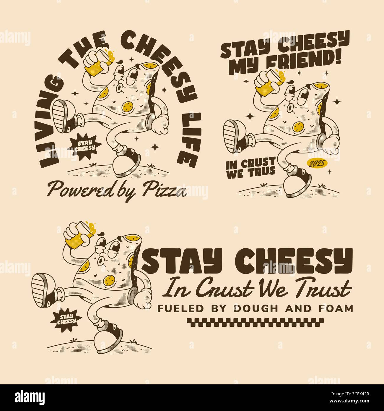 Playful pizza slice character with vintage cartoon style and bold ...