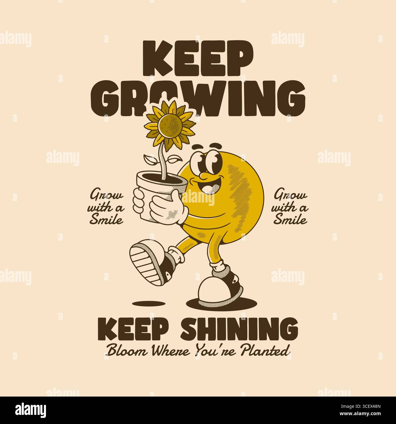 A cheerful cartoon character holding a sunflower in a pot, with ...