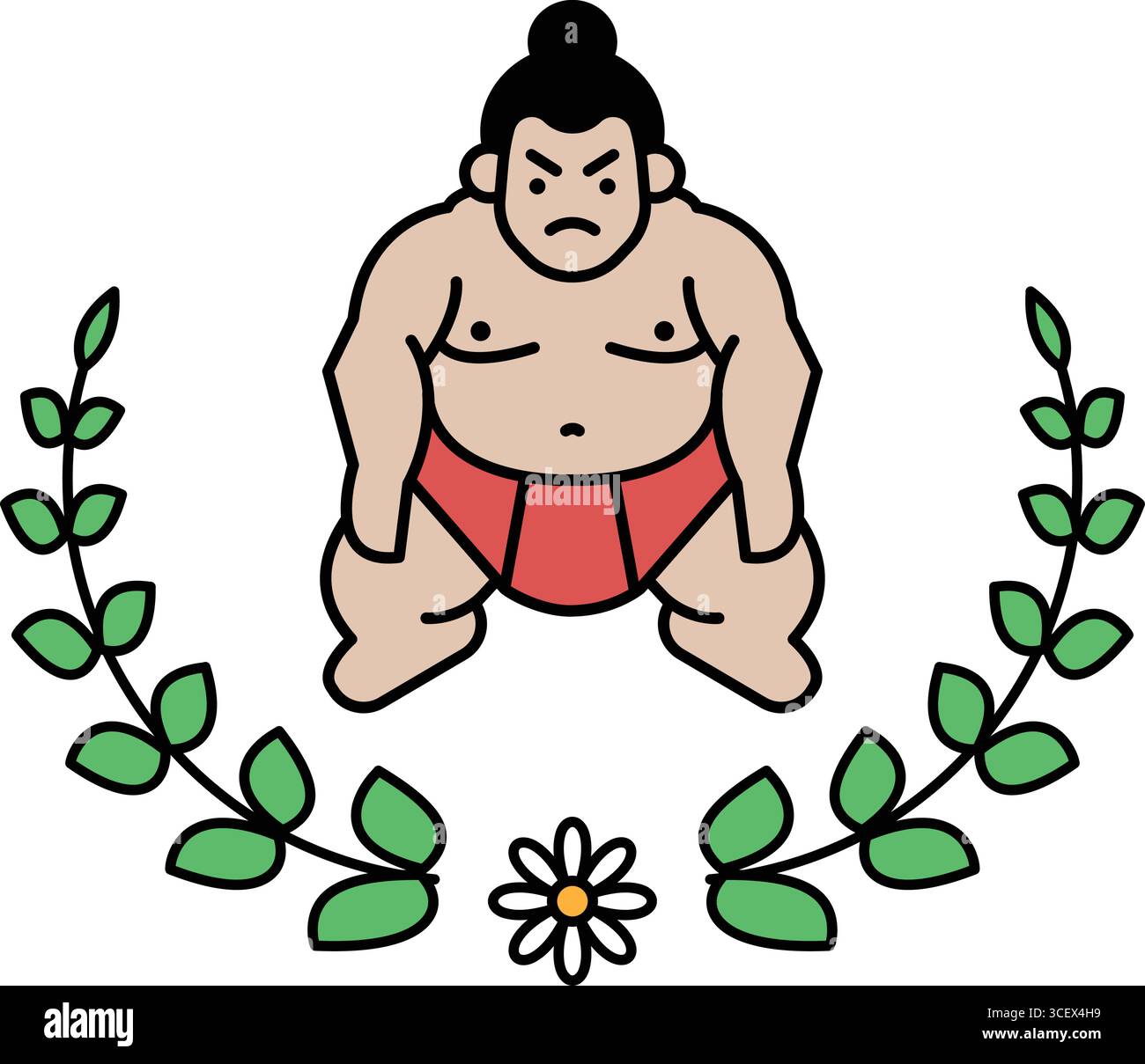 A cartoonish drawing of a man in a wrestling pose with a flower in the ...