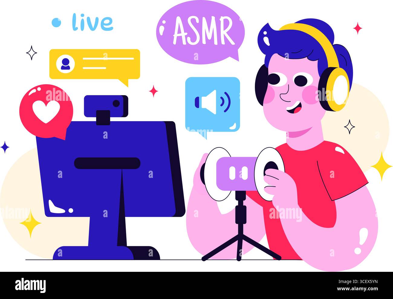 ASMR Lifestyle Vector Illustration Featuring Young People Recording ...