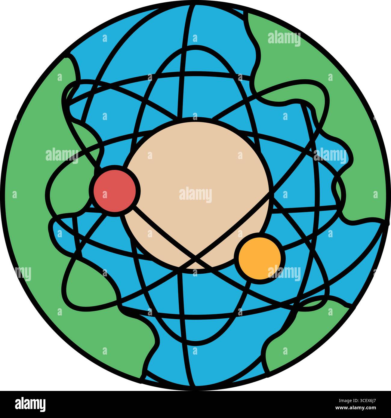 A black and white drawing of a planet with a black dot in the middle. The drawing is abstract ...