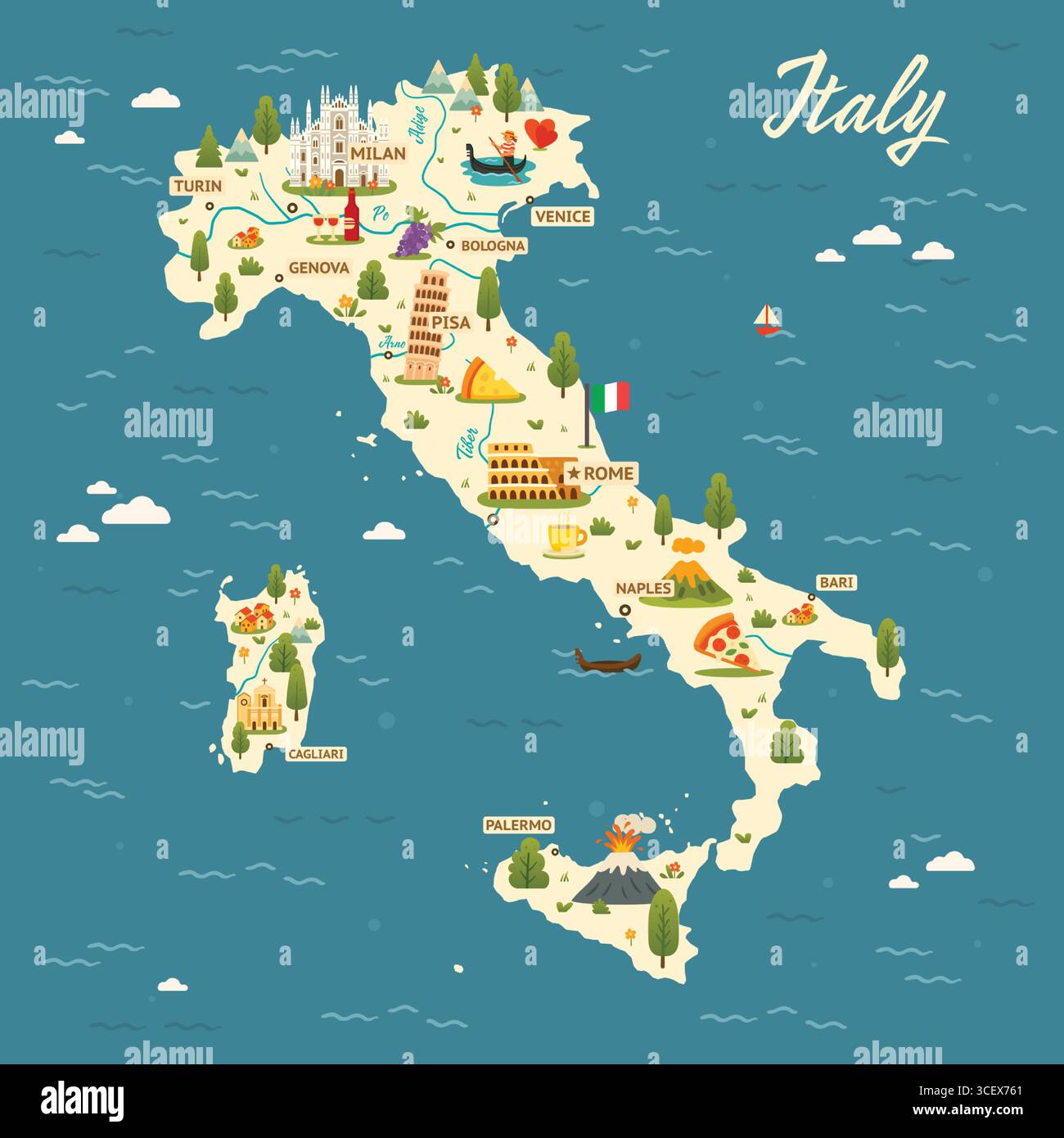 Touristic map of Italy with landmarks, cities, food, and culture icons ...