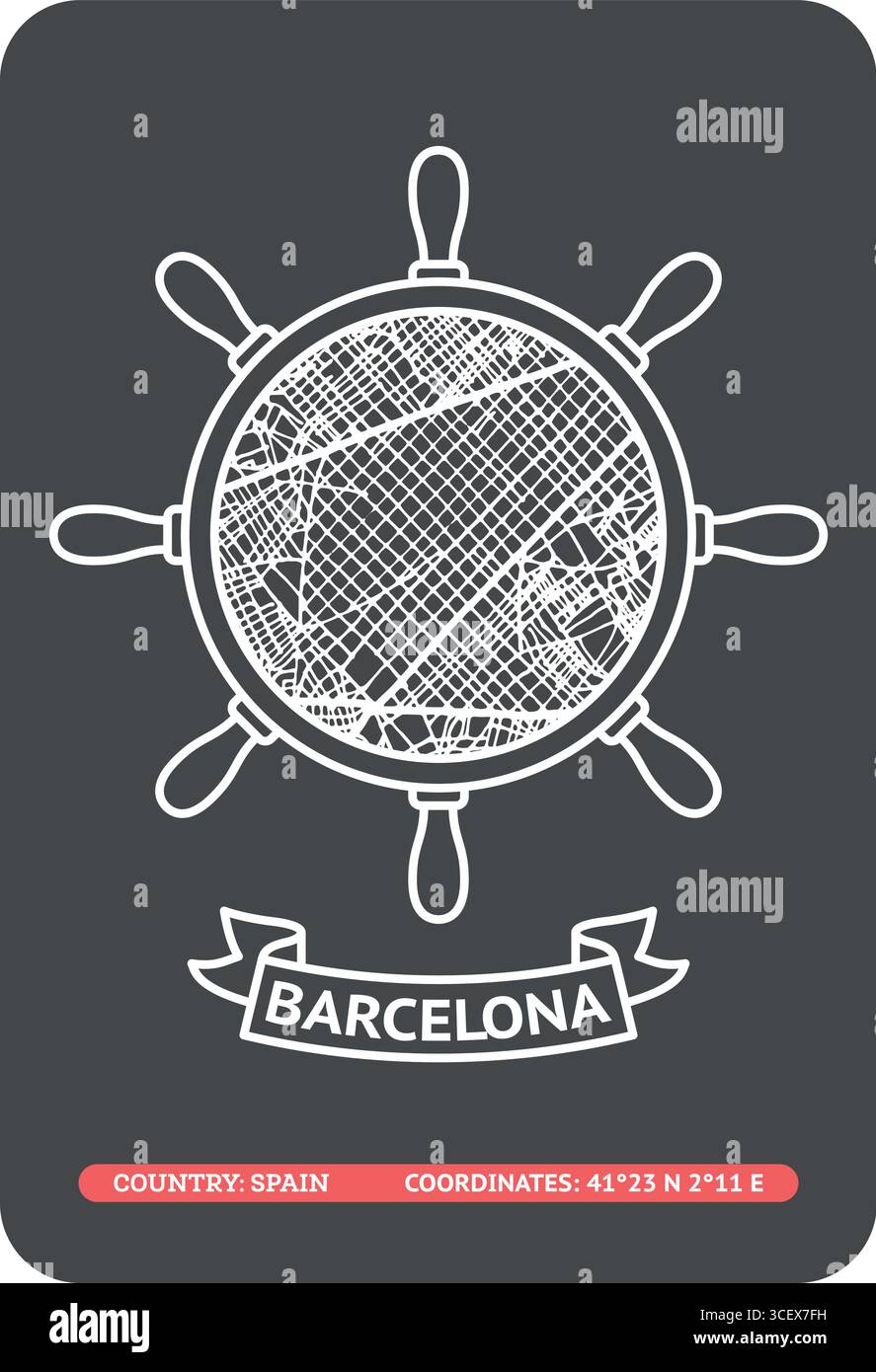 Barcelona city map inside a ship wheel silhouette. Nautical themed ...