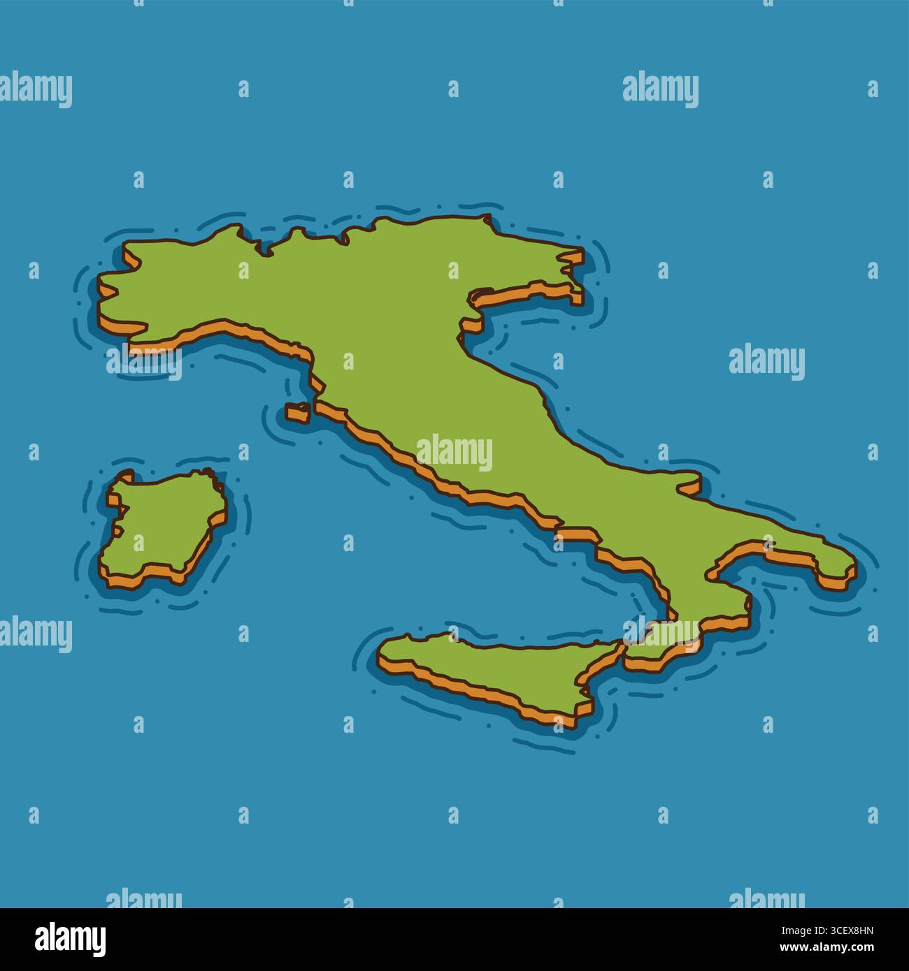 Isometric map of Italy. Green land with islands surrounded by blue sea ...