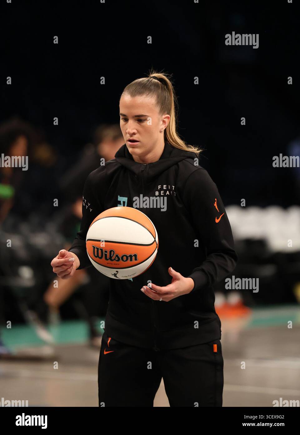 Aug 19, 2025; Brooklyn, New York, USA; New York Liberty guard Sabrina Ionescu (20) during pre ...