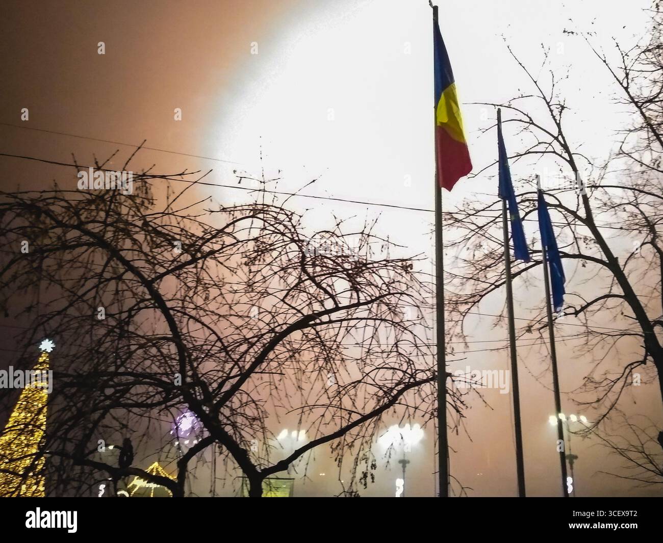 Bucharest, Romania December 31 2019: Romanian flags and Christmas ...