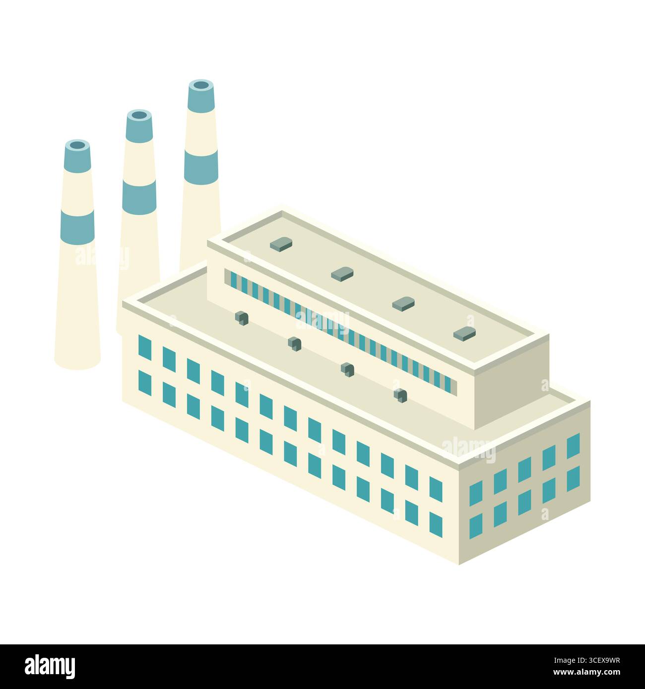 Isometric industrial factory building with three tall chimneys ...