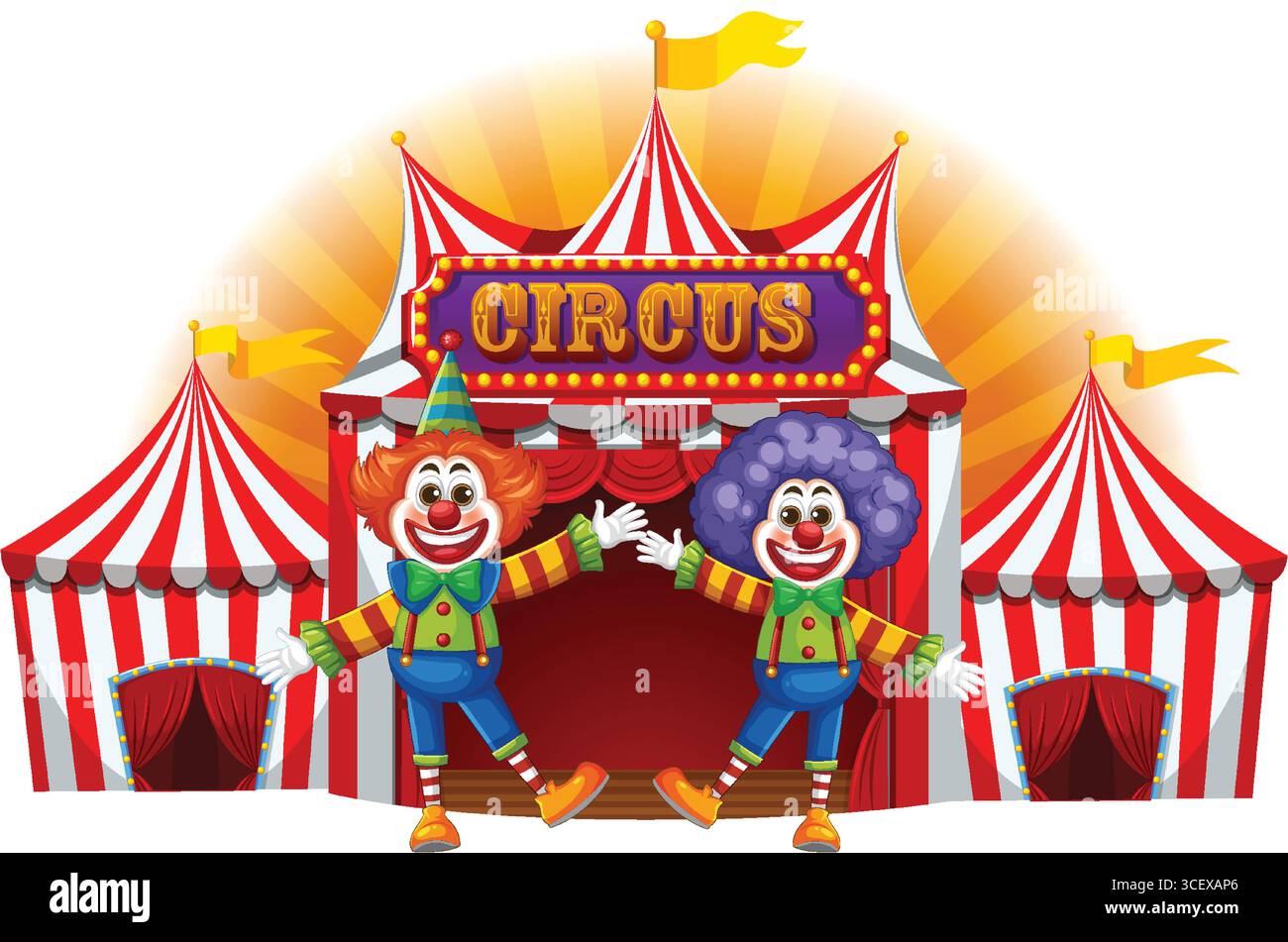 Colorful vector illustration of two cheerful clowns greeting visitors ...